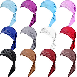 Mumufy 12 Pcs Chemo Head Scarf Pre Tied Stretchy Head Wrap Hair Turban Alopecia Durag for Women Rhinestone Bandana Skull Cover Scarf Headbands for Women Cold Caps for Chemotherapy to Prevent Hair Loss