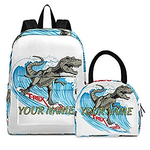 MCHIVER Dinosaur Surfer Personalized School Backpack with Lunch Box Custom Backpack for Boys Girls Casual Bookbags Set for Camping Travel Work