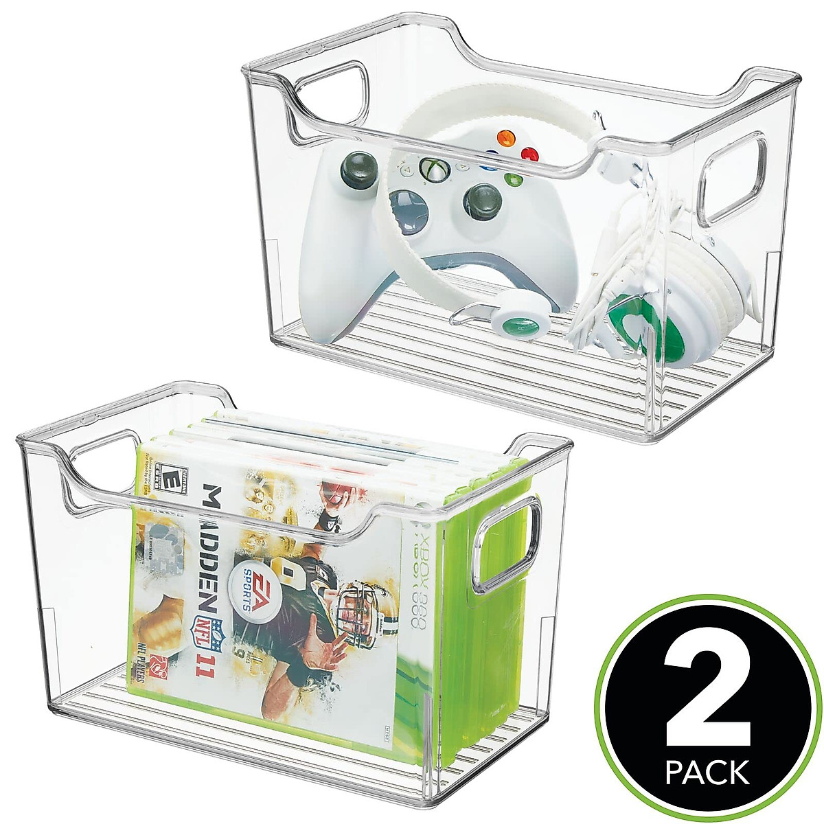 mDesign Deep Plastic Storage Organizer Storage Bin, Game and Comic Organization for Cabinet, Playroom, or Closet - Holds Video Games, Tablets, DVDs, or Controllers, Ligne Collection - 2 Pack - Clear
