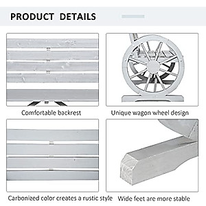 Outsunny Wooden Wagon Wheel Bench, Rustic Outdoor Patio Furniture, 2-Person Seat Bench with Backrest, Light Grey