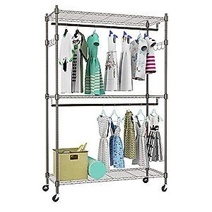 kemanner Heavy Duty Rolling Garment Rack 3-Tiers Wire Shelving W/ Double Rods & Lockable Wheels & 1 Pair Side Hooks - Hold Up to 400Lbs (Gray, 2Rod 2Hook)