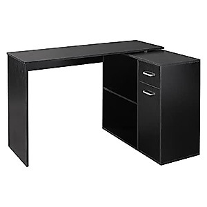 HOMCOM L Shaped Corner Computer Desk Workstation with Rotating Storage Shelves and Drawer for Home & Office, Black