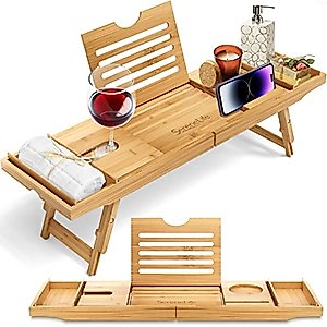 SereneLife Bath Caddy Breakfast Tray Combo - Natural Bamboo Wood Waterproof Bath Tub Caddy and Bed Tray with Folding Slide-Out Arms, Device Grooves, Wine Glass and Soap Holder SLBCAD50.5 , Brown