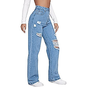 SweatyRocks Women's High Waisted Ripped Boyfriend Jeans Distressed Denim Pants with Pockets Light Wash S