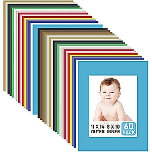60 Pack Picture Mats 11 x 14 Inch Frame Mattes Matting with Acid Free Pre Cut Mattes White Core Bevel Cut Mats for 8 x 10 Pictures for Home Gallery Wall Hanging Art Decoration (Mixed Colors)