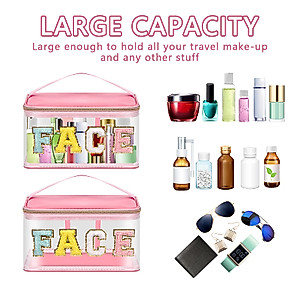 Iqimott Preppy Clear Makeup Cosmetic Bag for Women Travel, Nylon PVC Chenille Glitter Letter Toiletry Storage Tote Bag, Transparent Waterproof Organizer Zipper Pouch with Handle(Face, Pink)