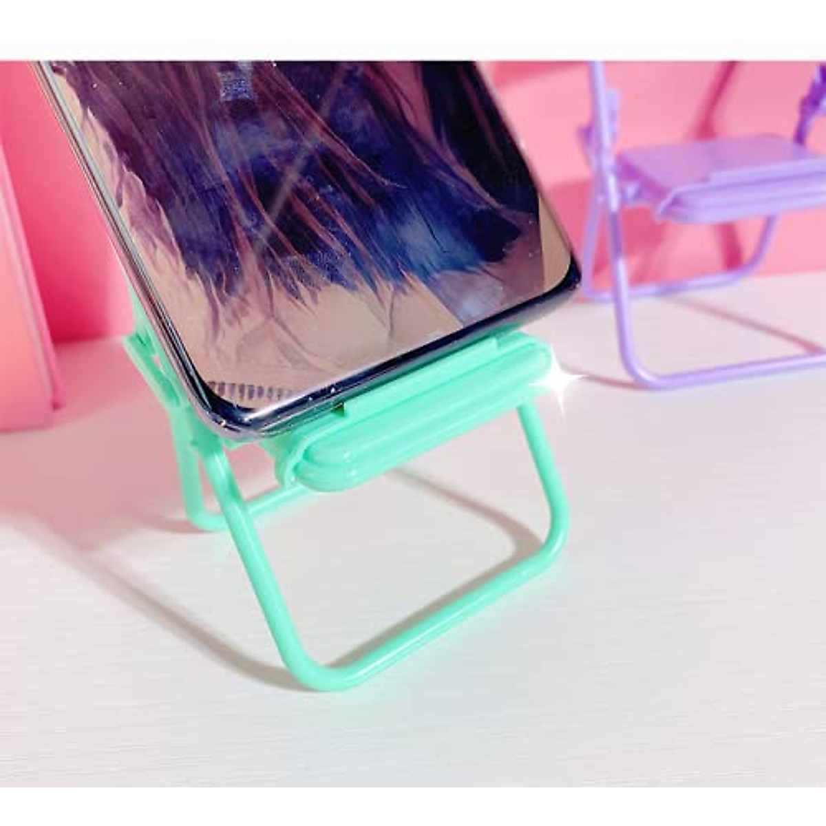 YESKIND Cute Chair Cell Phone Stand for Desk, 3PCS Funny Cell Phone Holder Stand Compatible with Smartphone/Phone/Pad/Tablet/E-Readers,(Green/Pink/Purple)