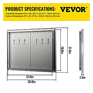VEVOR Double BBQ Access Door, 30''Wx21''H Outdoor Kitchen Doors, Double Wall Construction Outdoor Cabinets with Hooks, Brushed Stainless Steel BBQ Door Easy to Install for BBQ Island Grill Station