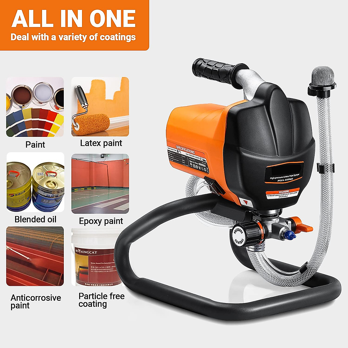 Wilrex Airless Paint Sprayer, 500W Spray Gun Tool for Interior & Exterior Home, Specialized for Water-Based Paint, Project Painter, (PPS01A)