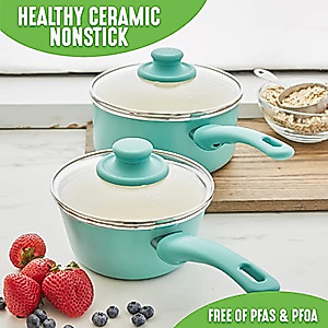 GreenLife Soft Grip Healthy Ceramic Nonstick, 1QT and 2QT Saucepan Pot Set with Lids, PFAS-Free, Dishwasher Safe, Turquoise