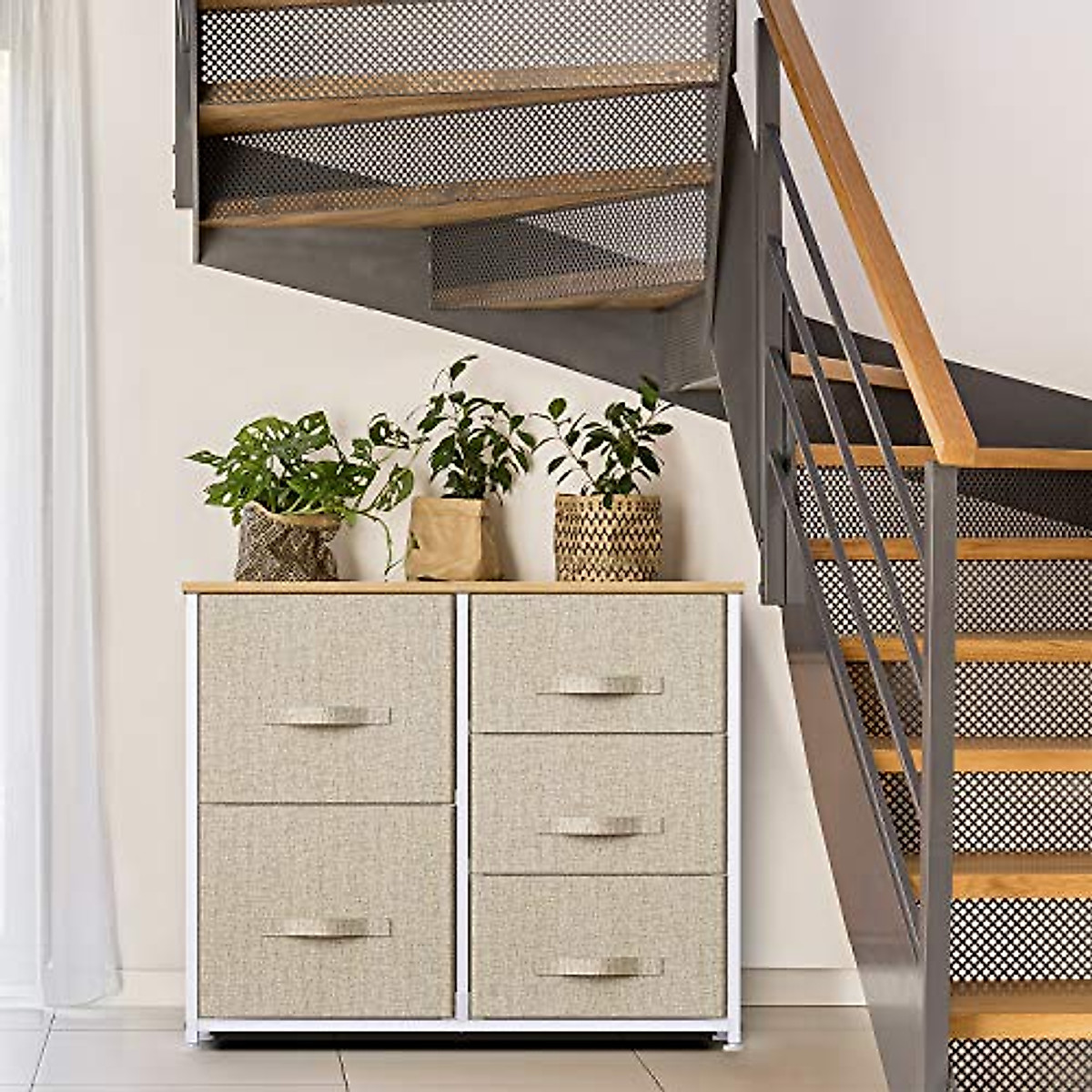 Pipishell Fabric Dresser, 5 Drawer Storage Chest Tower, Organizer Unit for Bedroom, Hallway, Entryway, Closets and Living Room -Sturdy Steel Frame, Wood Top, Easy Pull