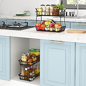 OKZEST 2 Tier Fruit Basket with 2 Banana Hangers, Vegetable Fruit Basket Bowl for Kitchen Countertop, Metal Fruit Storage Stand Holder Organizer for Bread Snack Potato Onion Produce