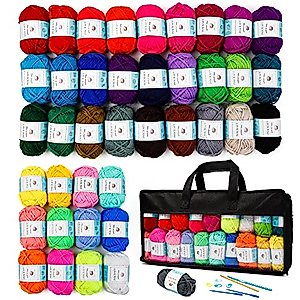 Inscraft 48 PCS Crochet Yarn Kit, 1400 Yards 40 Colors Acrylic Yarn Skeins, 2 Crochet Hooks, 2 Weaving Needles, 4 Stitch Markers, 1 Bag, Yarn for Crocheting & Knitting, Gift for Beginners and Adults