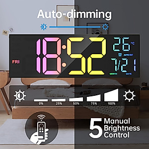 Digital Wall Clock Large Display, 16.2" Digital Wall Clock with RGB Color Changing Remote Control, Automatic Brightness Dimmer with Night Lights, Auto DST, Date Week,Temperature