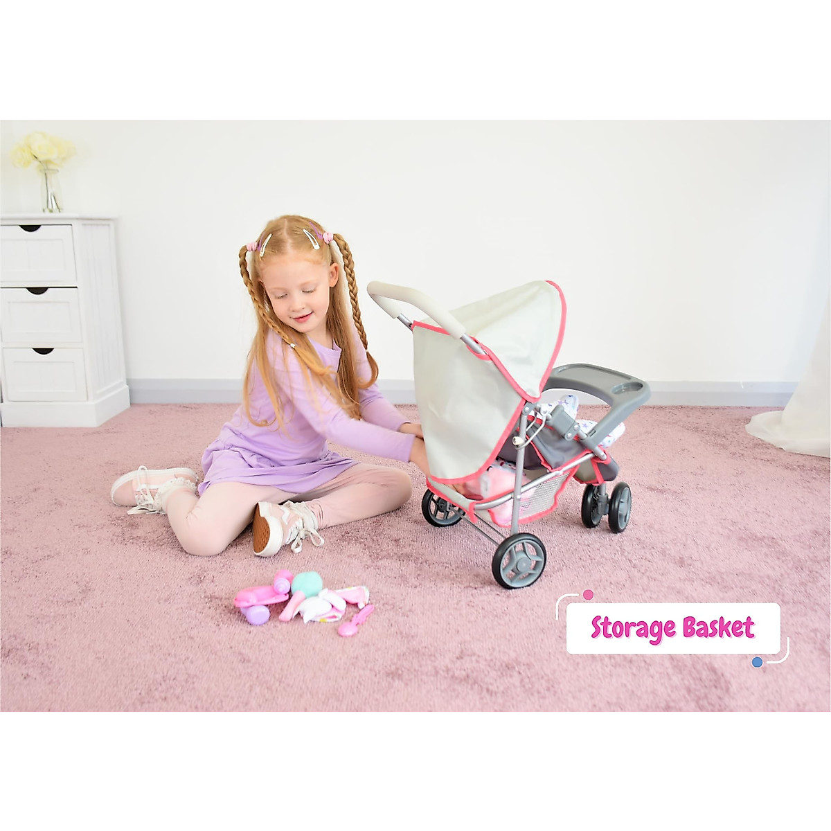 KOOKAMUNGA Baby Doll Stroller Travel System - Retractable Canopy, Feeding Tray, Soft Handle & Swivel Wheels - Pink Gray
