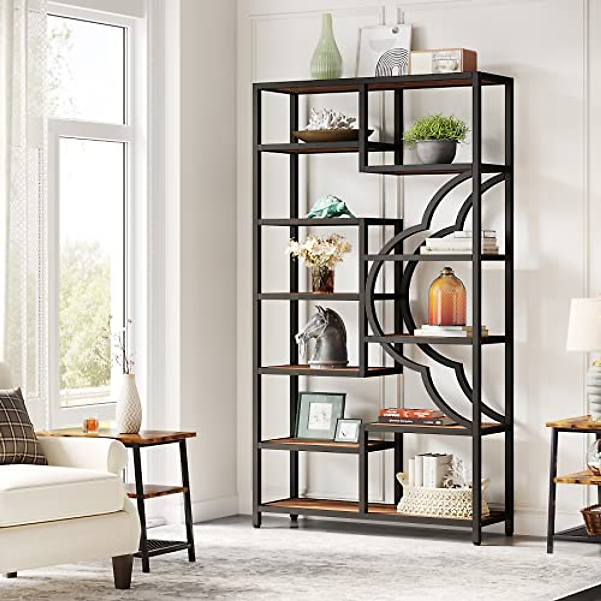 Tribesigns 75 Inch Tall Bookshelf, 11-Shelves Staggered Bookcase with Unique Arc-Shaped Design, Industrial Etagere Shelving Unit Storage Display Shelves for Living Room, Bedroom, Home Office, Brown