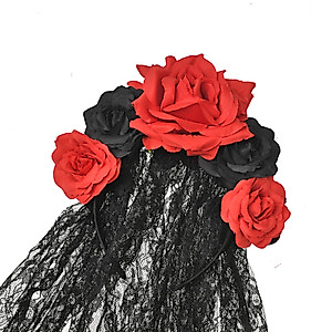 Merroyal Women's Dia de los Muertos Rose Flower Costume Headpiece Halloween Day of The Dead Veil (Black Red Rose Flower+Black Veil)