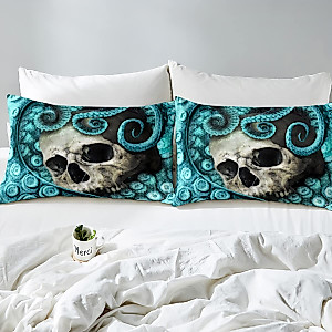 Feelyou Octopus Duvet Cover Set Queen Size 3D Print Skull Bedding Set Blue Decorative Luxury Horror Microfiber Polyester Comforter Cover with 2 Pillow Shams, Zipper, Marine Life, 3 Pieces