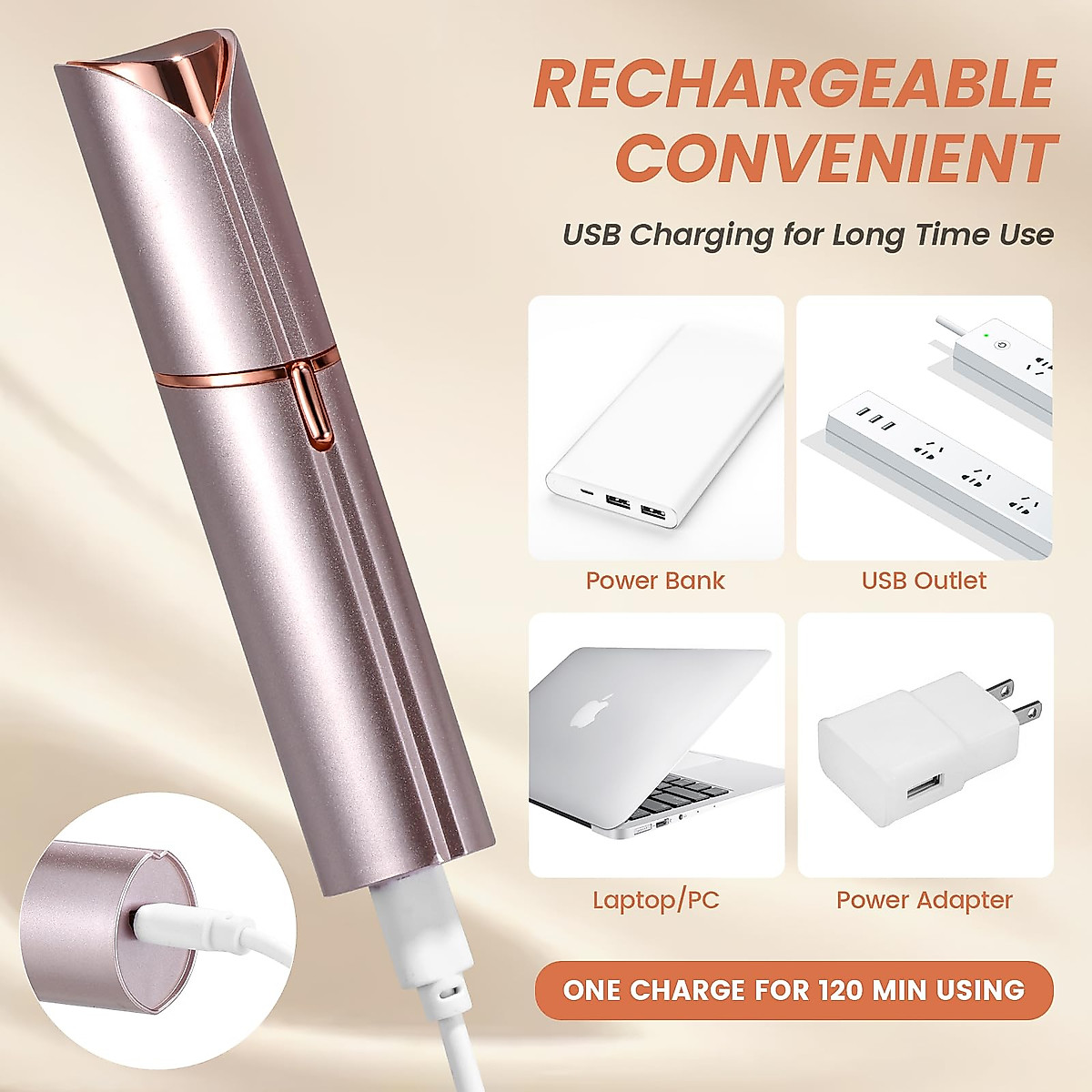 Facial Hair Removal for Women, Mini Hair Remover, Electric Razor Shaver Portable Bikini Epilator for Lips, Chin, Armpit, Peach Fuzz, Fingers, Neck, Cheek and USB Rechargeable(Champagne）