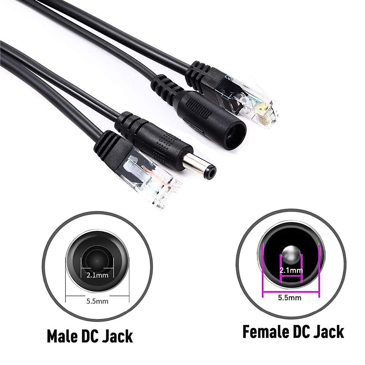 HUACAM Passive POE Injector and POE Splitter Kit with 5.5 x 2.1 mm DC Male and Female Power Adapter Connector POE Separator for RJ45 Power Over Ethernet (1 Pair)
