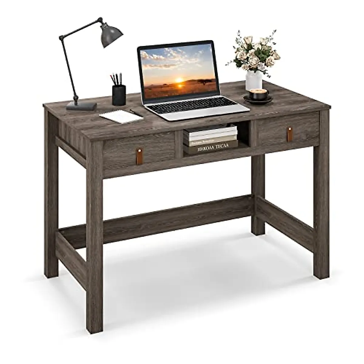 Tangkula Mid-Century Computer Desk with 2 Storage Drawers, Modern Home Office Desk with Storage Cubby, Study Writing Desk, Compact Laptop PC Desk Workstation, Wooden Vanity Desk for Bedroom (Grey)
