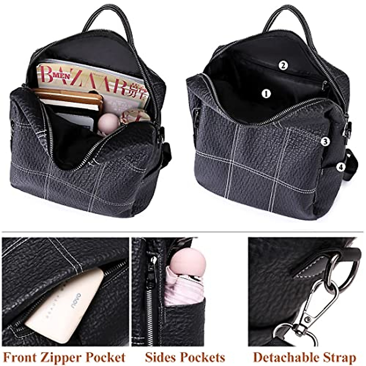 BONVEN Small Backpack for Women,Fashion Backpack Purse Faux Leather Shoulder Back Pack Bag Black