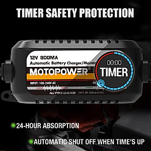 MOTOPOWER MP00205C 12V 800mA Automatic Battery Charger, Battery Maintainer, Trickle Charger, and Battery Desulfator