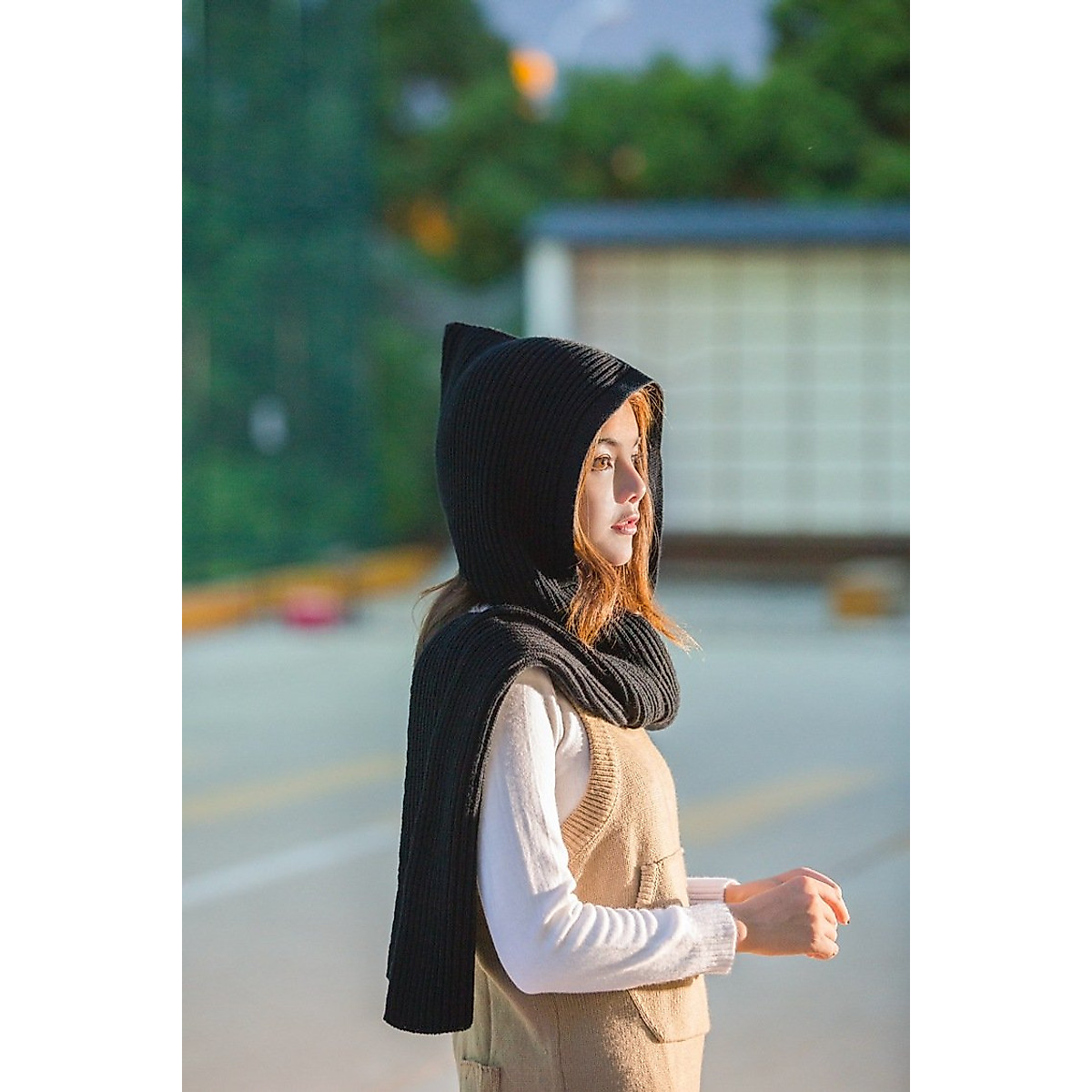 Elufly Women Winter 3 in 1 Hooded Hat Scarf Wrap Shawl Crochet Knit Pullover Neckwarmer (black)