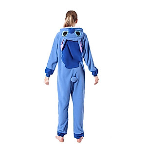 MEILIS womens Stitch Zip Up Animal Pyjamas One Piece Sleepwear Costume Cartoon JumpSuit, Blue Stitch, X-Large