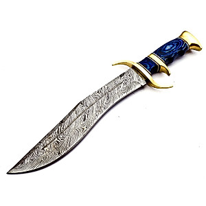 Skokie Knives Damascus Steel Kukari Knife With Blue Pakka Wood h & Brass Guard –15” Handmade Premium Quality Sharp Edge Fix Blade -Genuine Multipurpose Knife Ideal for Hunting, Camping (Kukri Blue)