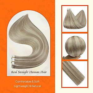 Full Shine Tape in Hair Extensions Human Hair 18 Ash Blonde Highlight 613 Blonde Double Sided Tape in Hair Extensions 12 Inch Invisible Straight Hair Extensions Tape in 30G 20Pcs Tape in Extensions