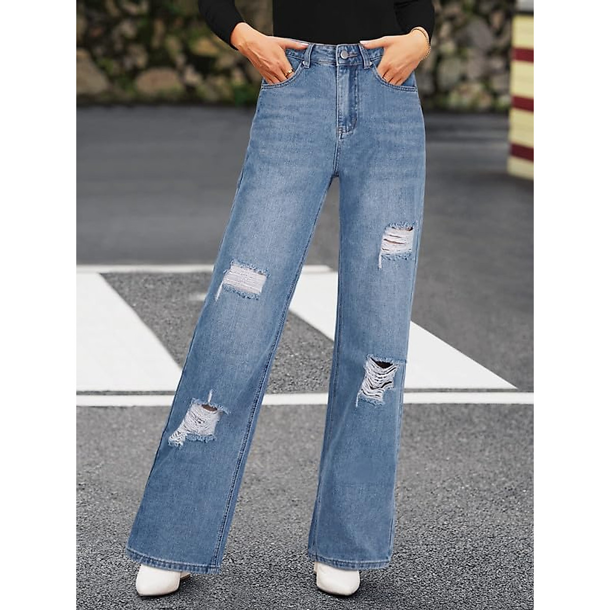 Genleck Womens Ripped Wide Leg Jeans High Waisted Baggy Y2K Distressed Jeans for Women Pants Denim