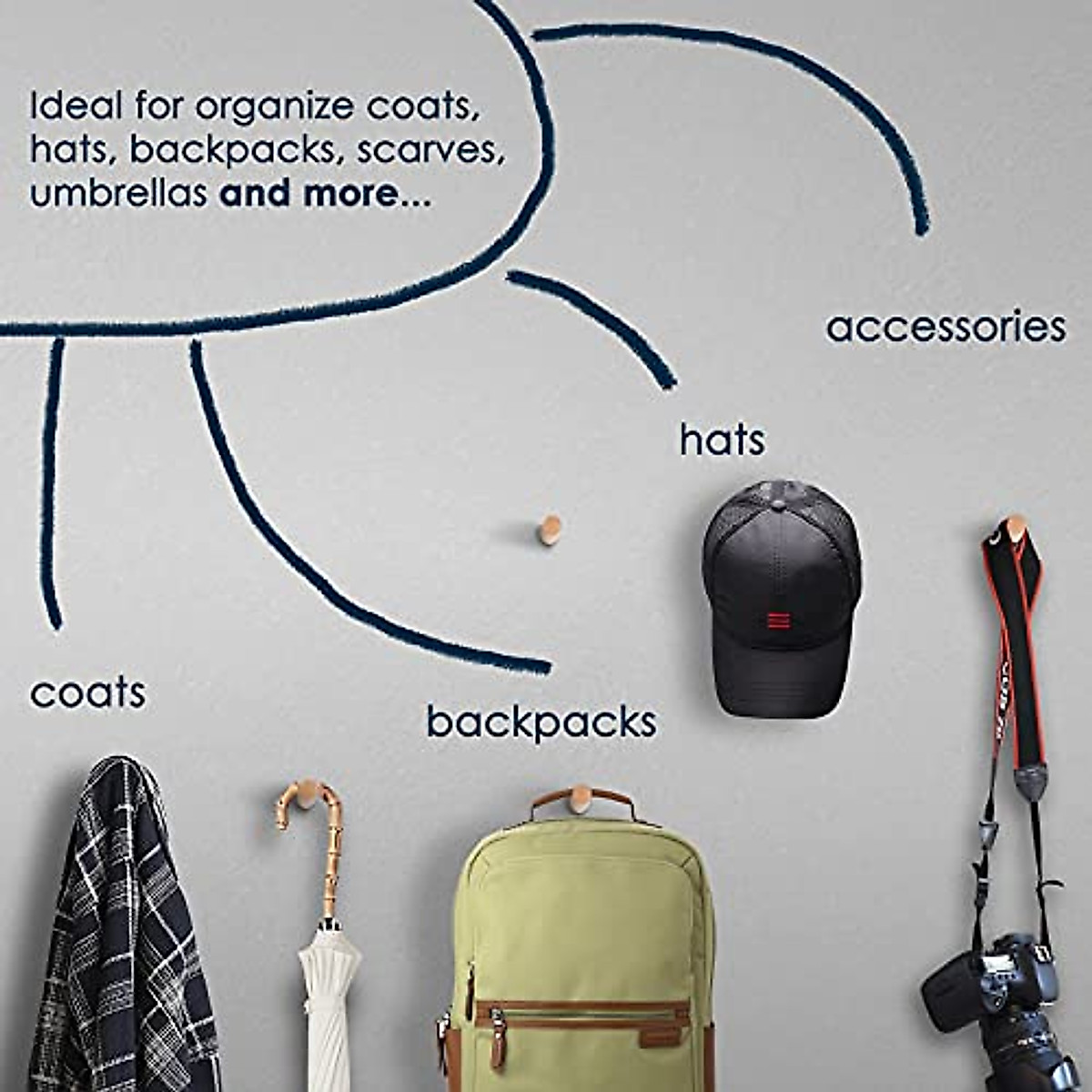 mosuniro Wood Wall Hooks Set, 6 Pack Wall Mounted Single Coat Hook, Decorative Wooden Coat and Hat Hanger Hooks for Hanging Coats Hats and Bags (Beech Wood, 2.3 inch)