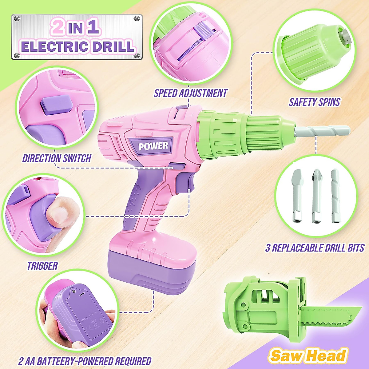 Kids Tool Set, Girls Tool Set Pretend Play Construction Toy Tool with Tool Box, Toddler Tool Set with Electric Toy Drill for Toddler Boy Girl Kid Child Tool Toy Pink Ages 3+