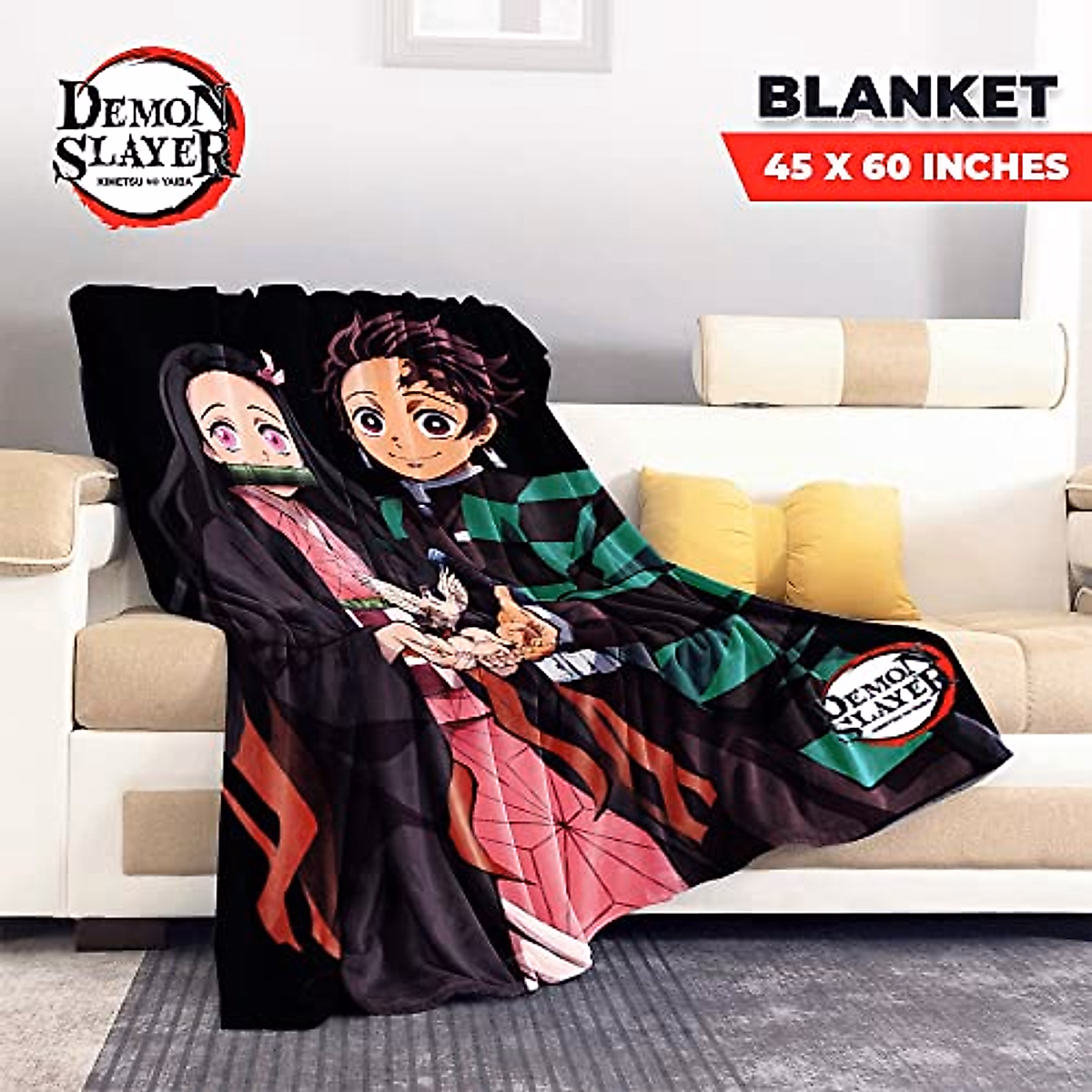 JUST FUNKY Demon Slayer Tanjiro Kamado Plush Throw Blanket | 45 X 60 Inches Blanket Featuring Tanjiro and Nezuko | Home Decor | Anime Blanket | Anime Manga Gifts | Official Licensed