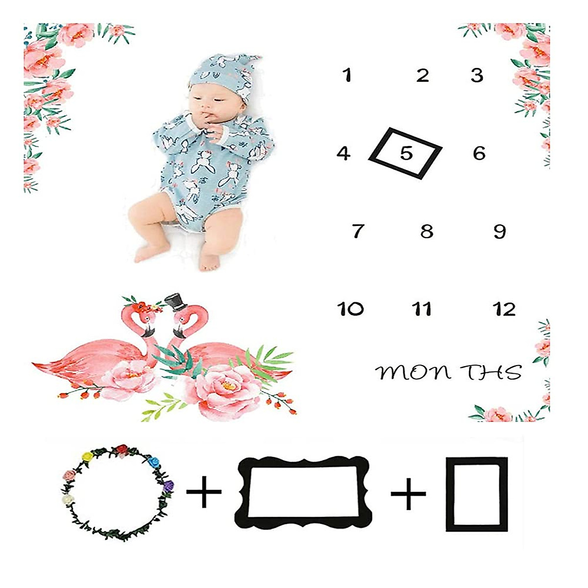 Baby Monthly Milestone Blanket Newborn Girls Pink Flamingo Floral Photo Props Shoots Nursery Decor Flower Backdrop Photography Growing Infants Swaddle Blanket with Wreath Frames