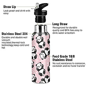 ALAZA Pink Pandas Water Bottle with Straw Lid Vacuum Insulated Stainless Steel Thermo Flask Water Bottle 20oz