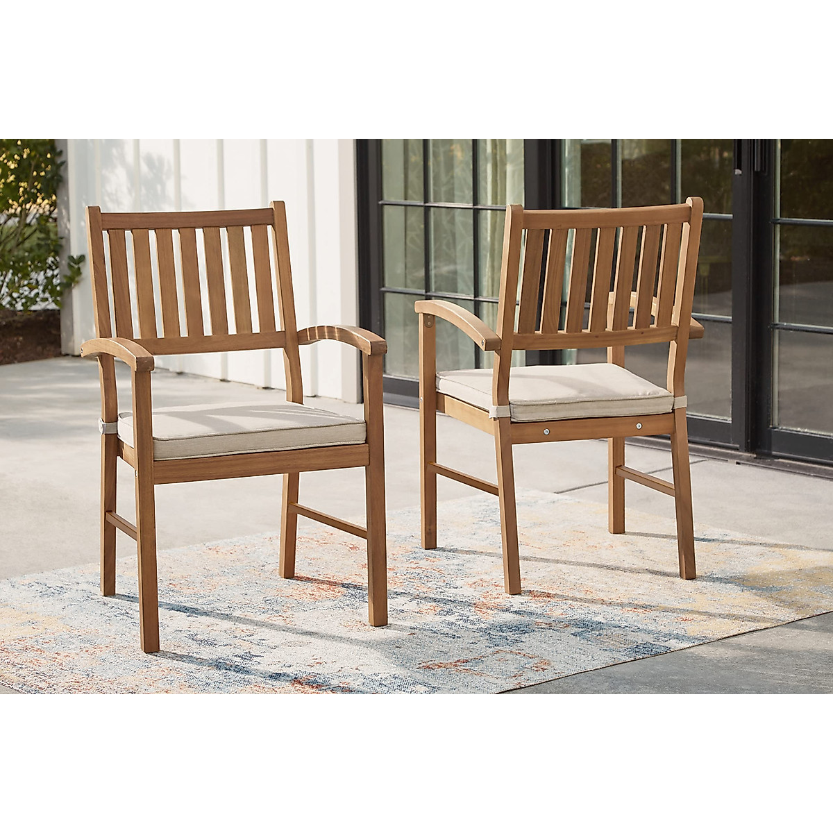 Signature Design by Ashley Janiyah Outdoor Acacia Wood Arm Chair & Cushion Set, 2 Count, Light Brown