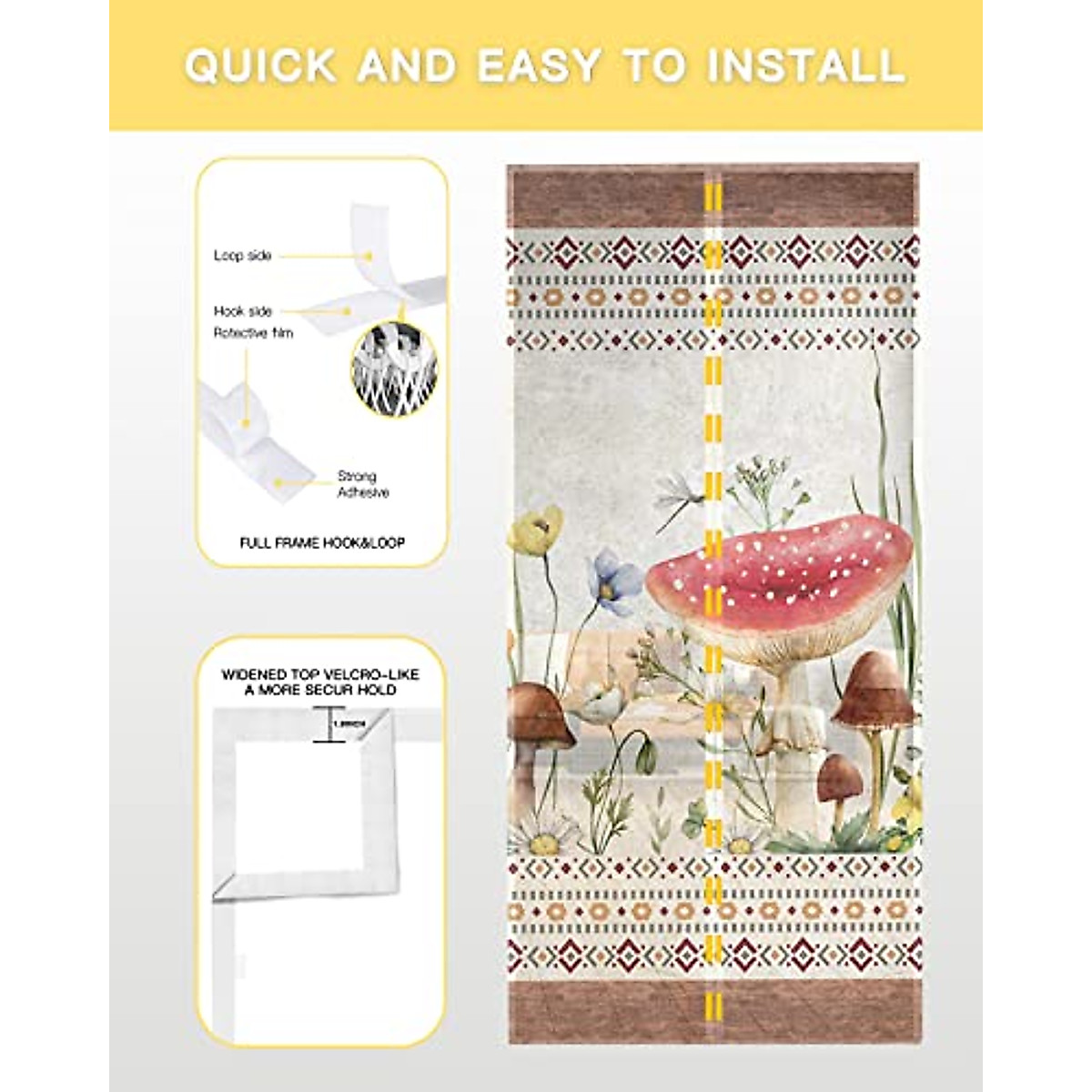 ZOE GARDEN Southwest Mushroom Magnetic Screen Door for Sliding/Single/French Doors, Self Sealing Magnets Patio Door Screen Heavy Duty Mesh Curtain, Brown Country Rustic Flower Plant Leaves