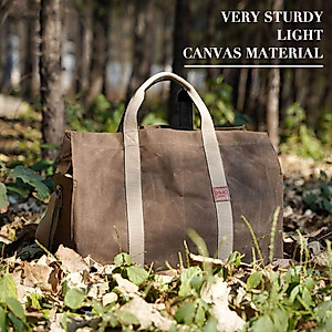 INNO STAGE Free-Standing Firewood Log Carrier Bag - 22 oz Thickened Waxed Canvas Fire Wood Holder Tote with Adjustable Shoulder Strap and Soft Handles for Camping or BBQ Barbecue