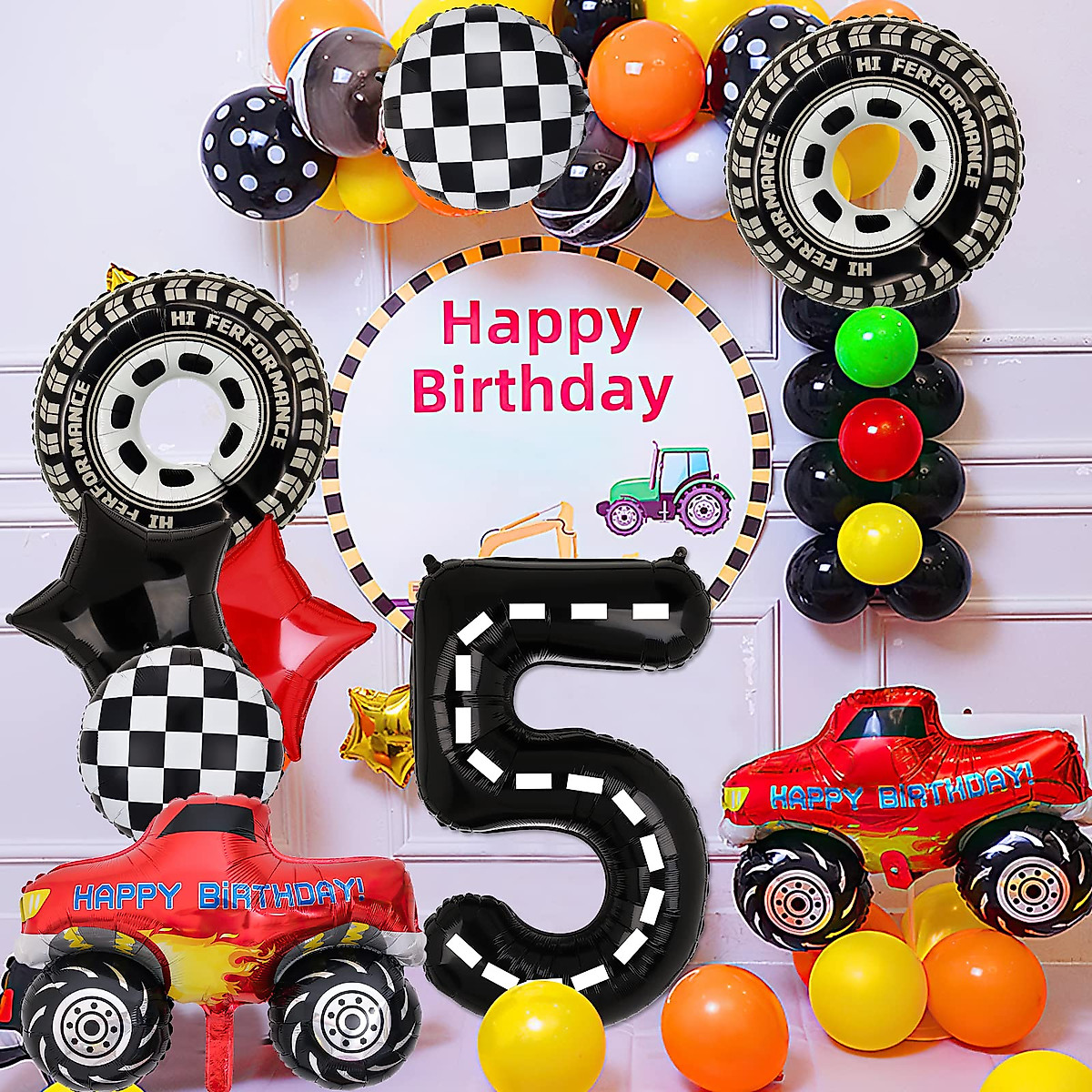 Lebeili 9pcs Truck Birthday Balloon, Race Car Theme Party Supplies, Includes 4 Number Balloons, Black & Transparent, for 5th Birthday & Baby Shower, Unisex