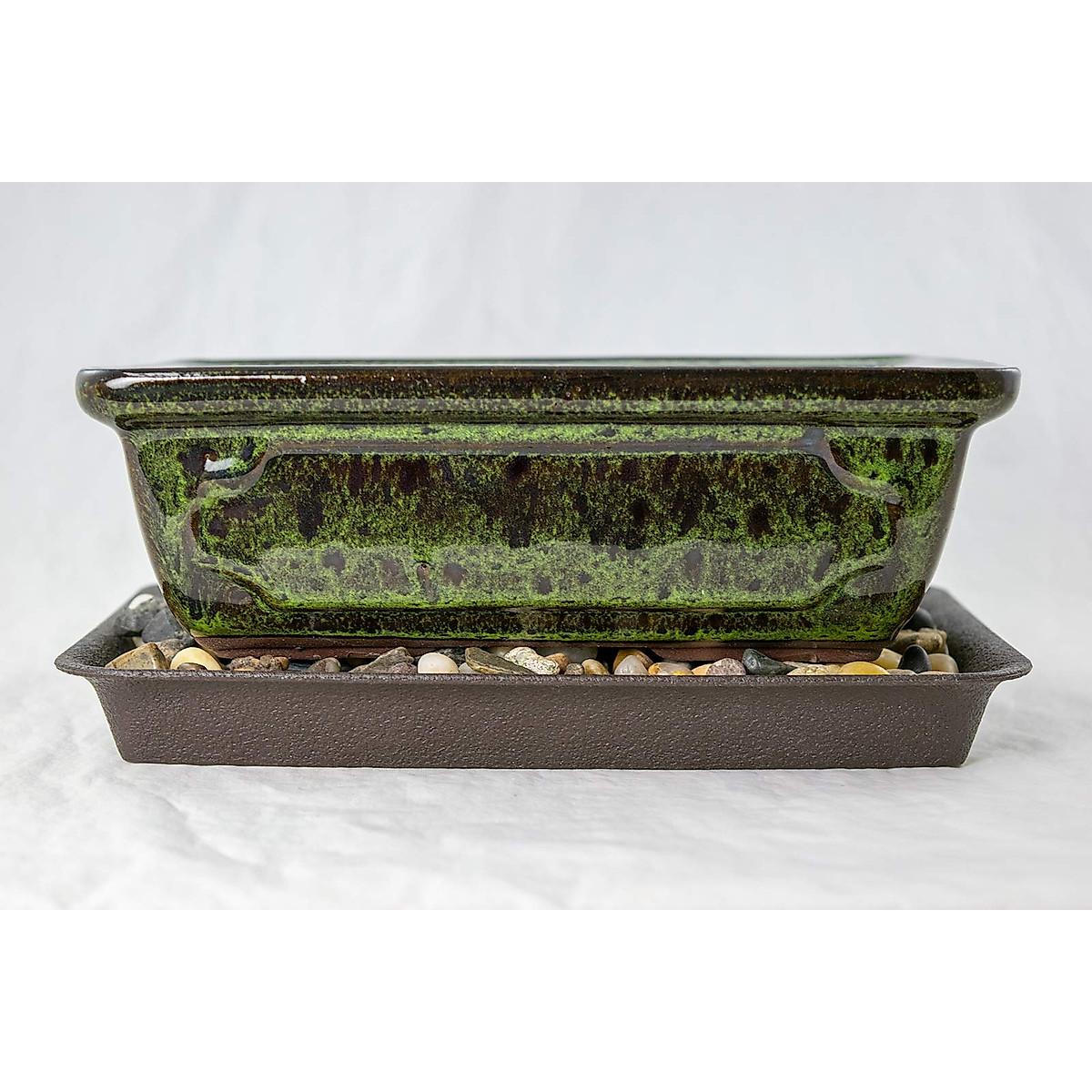 8" Rectangular Moss Green Bonsai/Succulent Pot + Tray + Rock + Mesh Combo