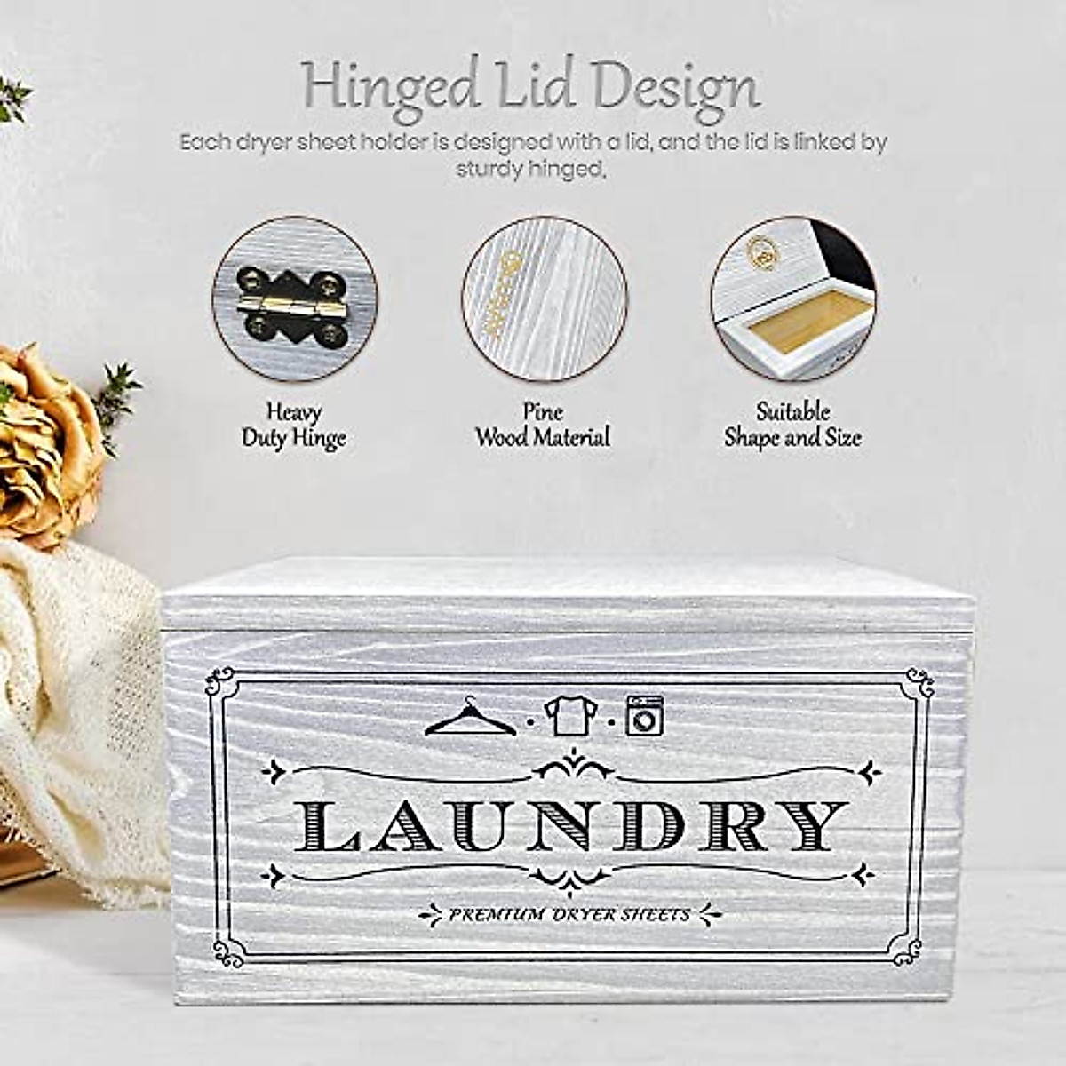 LUSAV Dryer Sheet Holder Dispenser with Hinged Lid for Laundry Room - Farmhouse Decor Dryer Sheets Container - with air Purifying Bag -Rectangular Box (Grayish-White) 7.9''x5''x4.2''