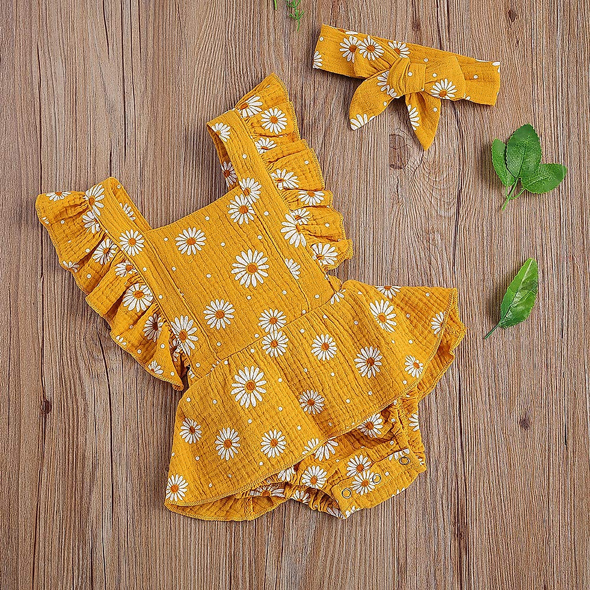 Yoawdats Infant Girls Clothes Baby Bodysuits Cotton Linen Rompers for Girls 2PCS Summer Outfits with Headband (Yellow, 0-6 Months)