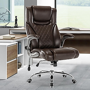 Seevoo Executive Office Chair Desk Swivel Chair High Back Computer Chair - Adjustable Lumbar Support with Flip-Up Arms PU Leather Chair with Spring Cushion (Brown)