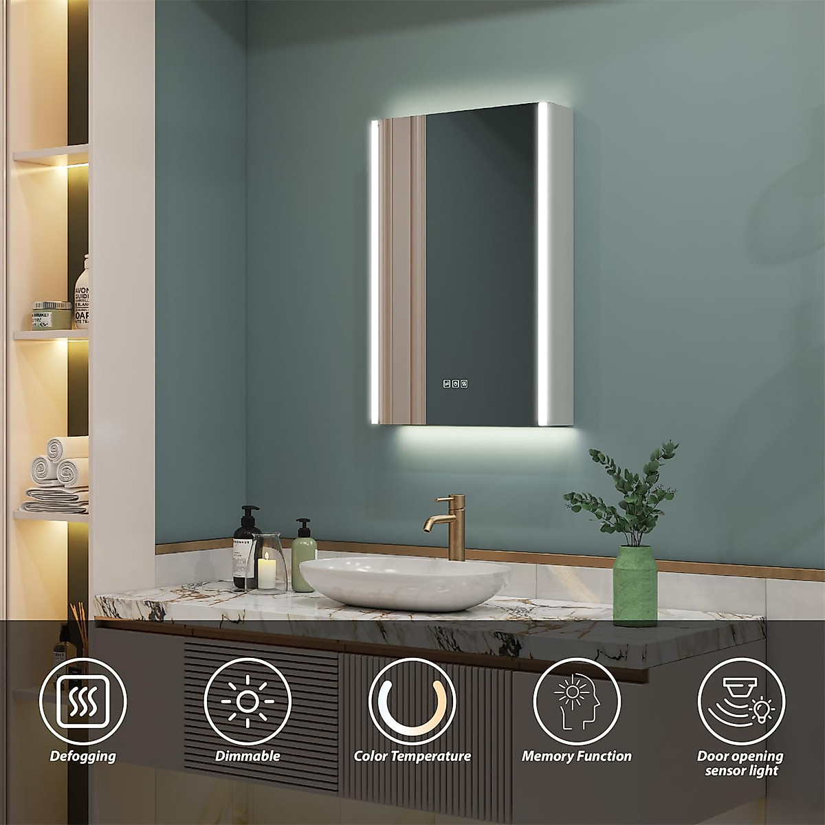 WELLFOR 20" x 30" LED Mirrored Bathroom Cabinet, Mirror Medicine Cabinet with Lights, 8mm Luminous Tempered Glass, Outlets & USB Ports, Single Right Opening Door