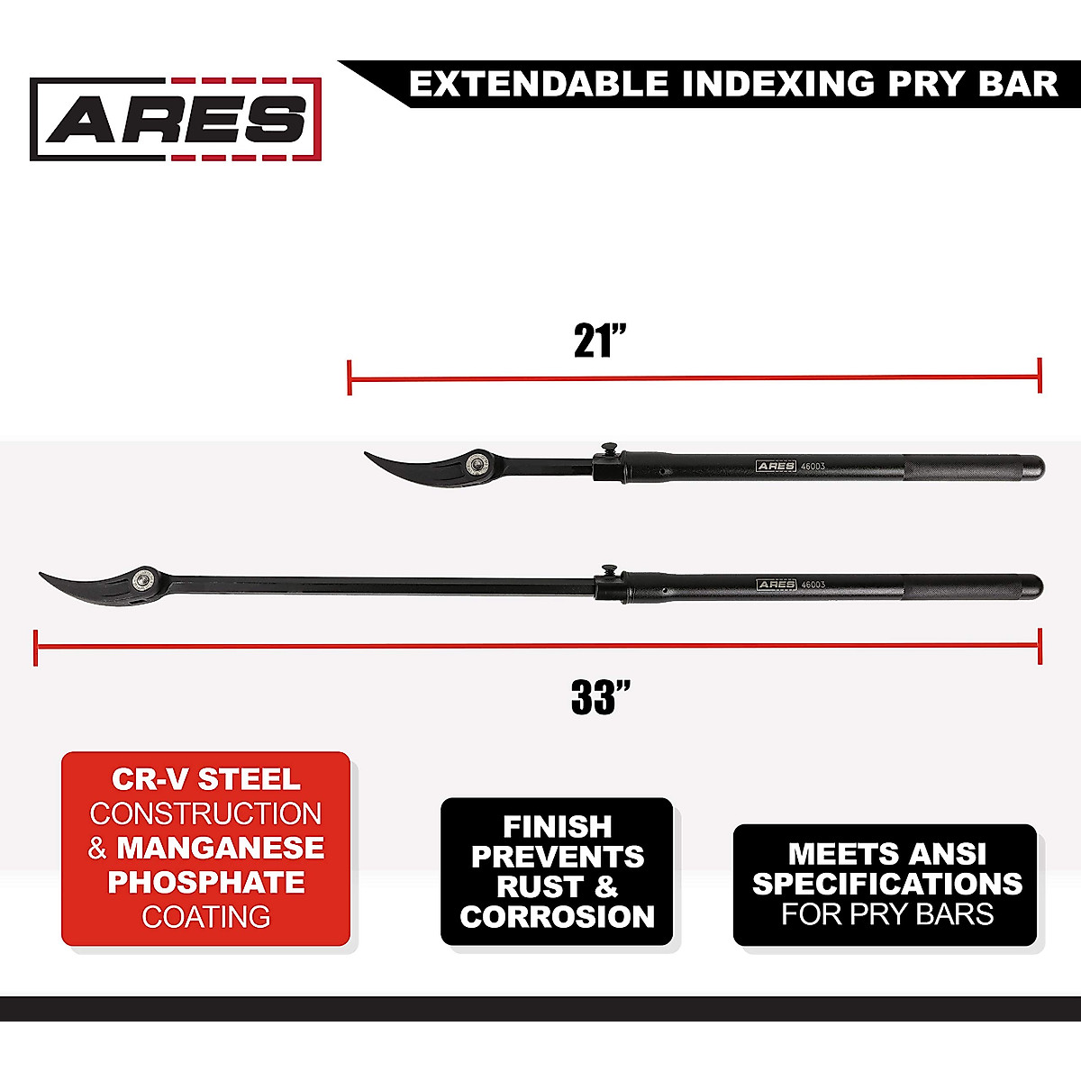 ARES 46003-21-Inch to 33-Inch Extendable Indexing Pry Bar - 14-Position Adjustable Angle Head - High Strength Chrome Vanadium Steel