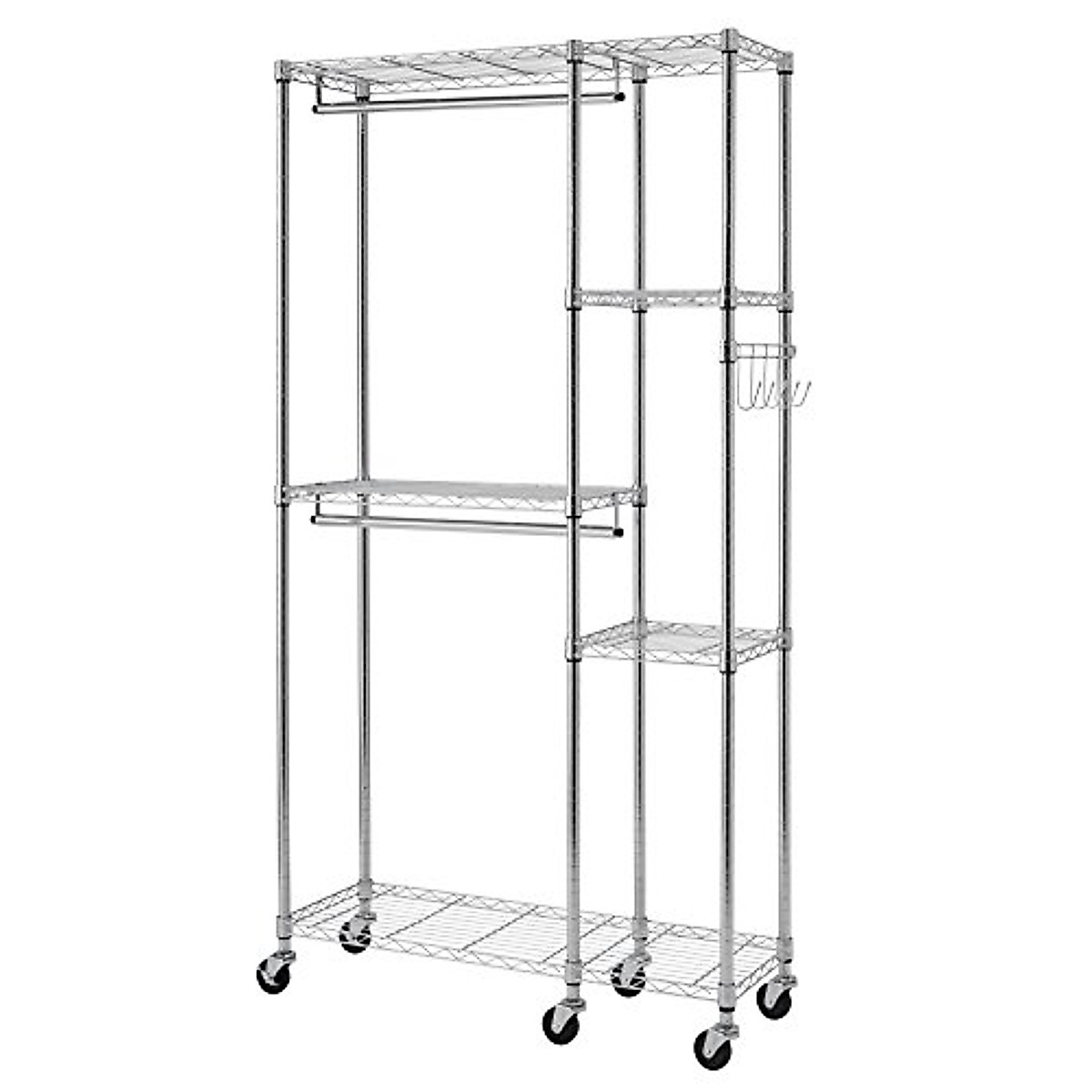 TRINITY EcoStorage Rolling Garment Rack with Shelves Hooks for Clothing Storage for Bedroom, Closet Organization, Entryway, and More, Chrome, 41” W x 14” D x 76” H