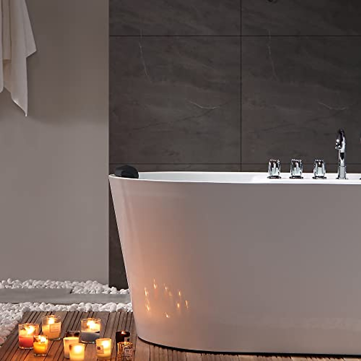 Empava 67 in. Acrylic Freestanding Tub Hydromassage Gracefully Oval Shaped Whirlpool 8 Water Jets Soaking SPA, Double-Ended Massage Bathtub with 2 Pillows , White