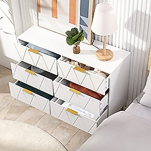 Betterhood 6 Drawer Dresser,White Dresser for Bedroom, Wood Chest of Drawers with Diamond Board & Gold Metal Handles for Bedroom,Living Room,Closet Hallway (White)